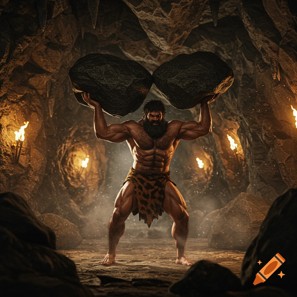 A muscular man lifts two large rocks above his head in a torchlit cave ...