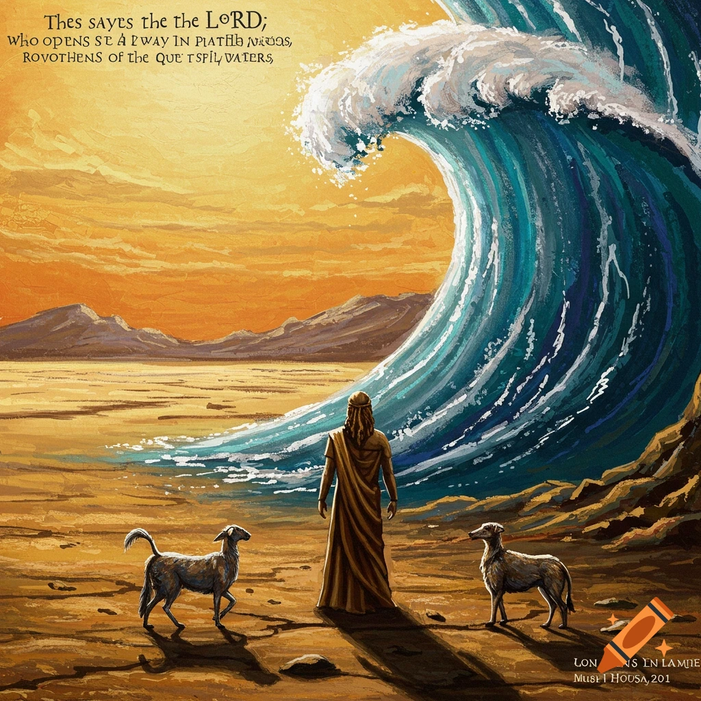 Illustration of a robed figure and sheep on a desert shore facing a ...