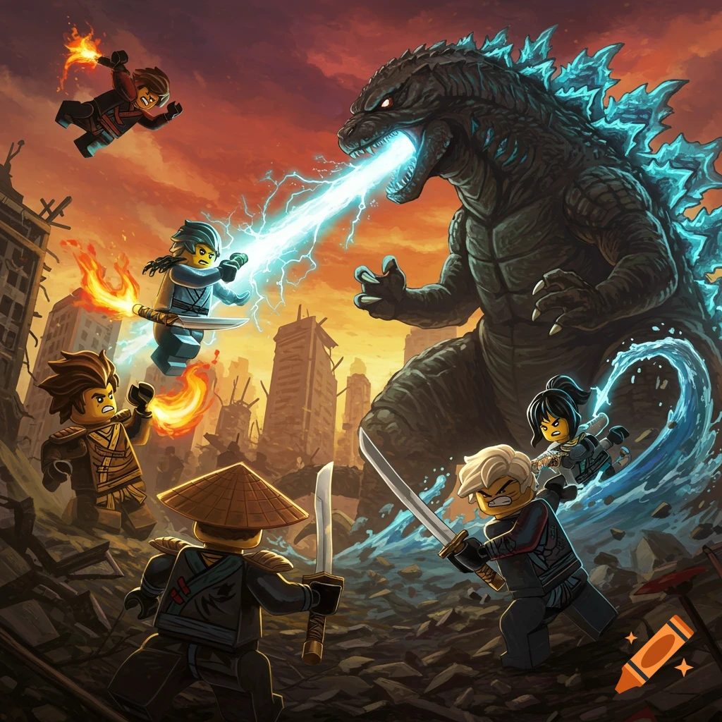 Ninjago characters fighting Godzilla on Craiyon