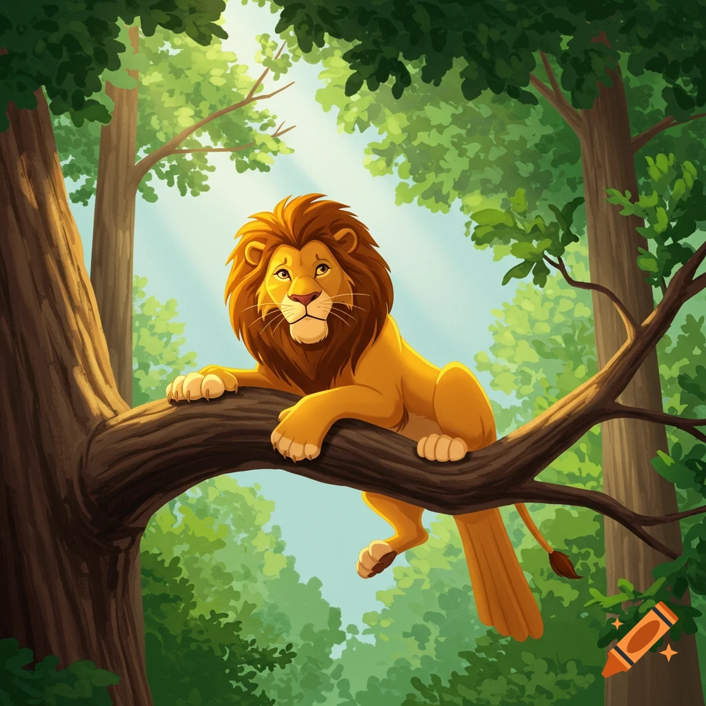 A cartoon lion family in a grassy landscape under a sunny sky. on Craiyon