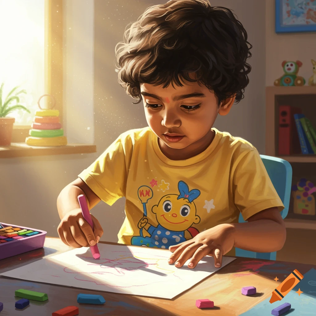 Five-year-old Indian boy drawing with pastels on Craiyon