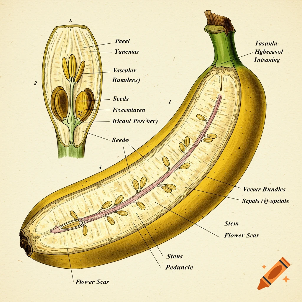 Anatomical poster of a banana with labeled parts on Craiyon
