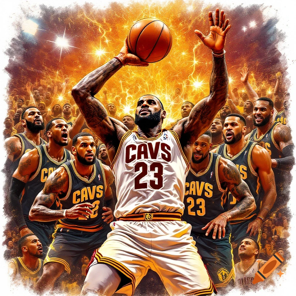 LeBron James raises a basketball surrounded by Cleveland Cavaliers ...