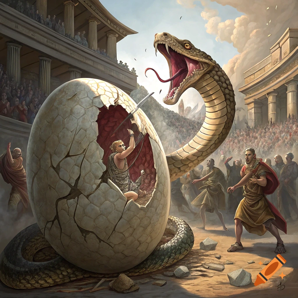 A Templar knight faces off against a giant serpent in a desert with ...