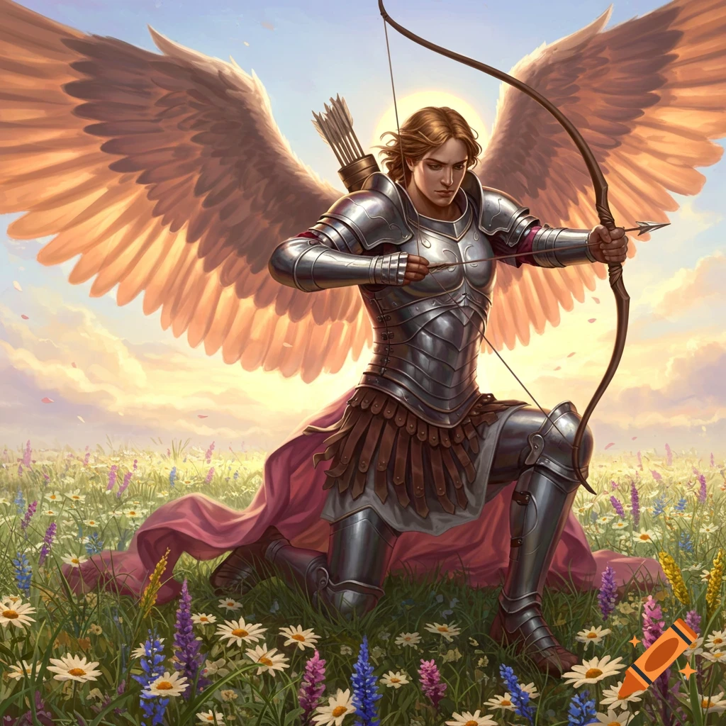 Realistic illustration of an archangel in silver armor kneeling in a ...