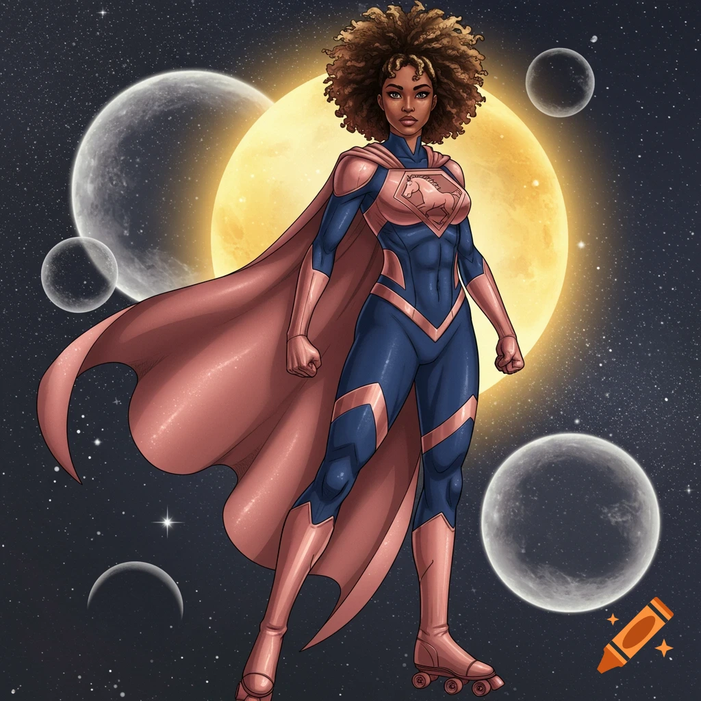 An African American female superhero with an afro and cape stands in ...