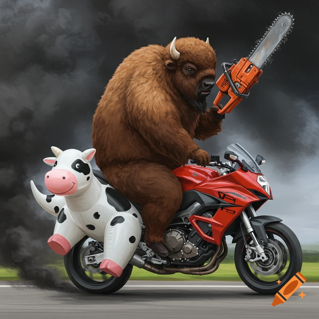 A bison rides a superbike with an inflatable cow on the back, holding a ...