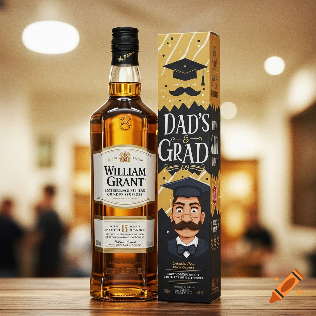 William Grant whiskey bottle and 'Dad's & Grad' gift box. on Craiyon