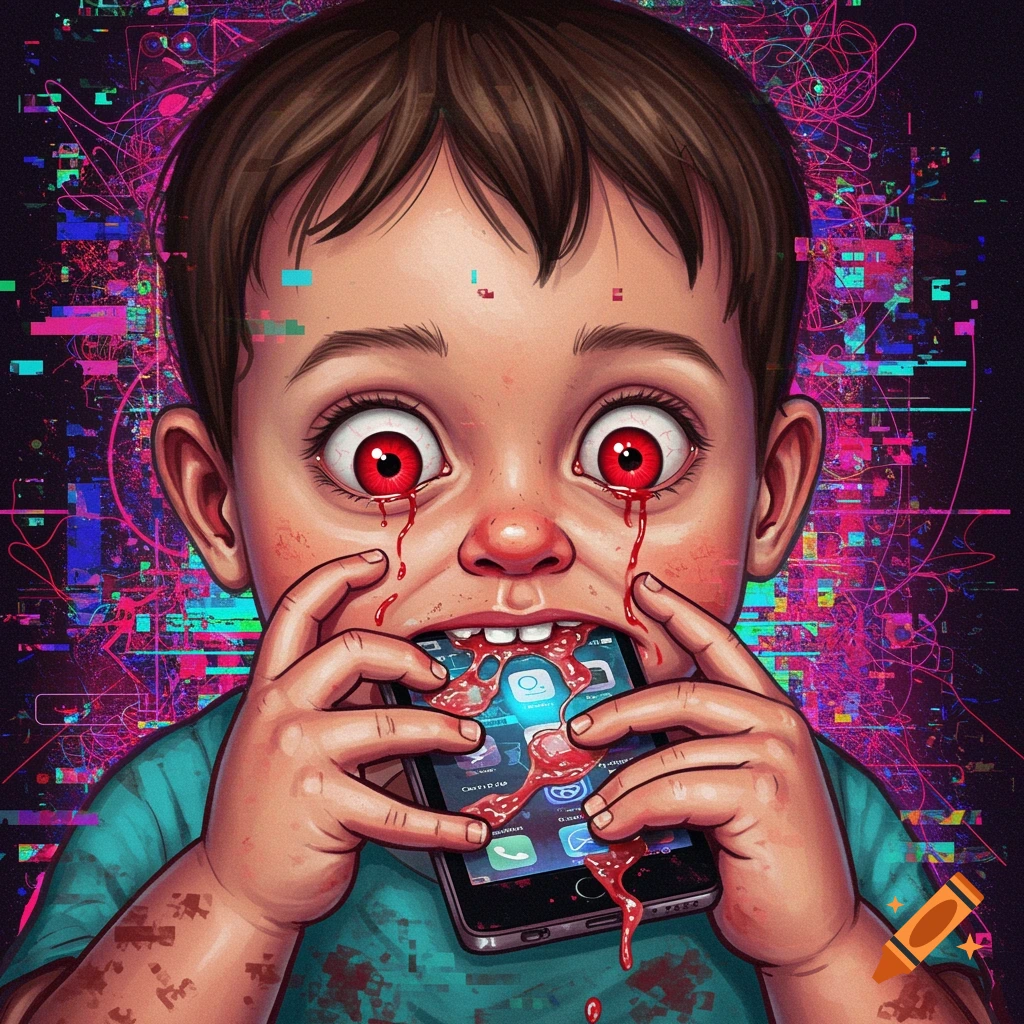 A kid eating a phone with red eyes, technology obsession on Craiyon