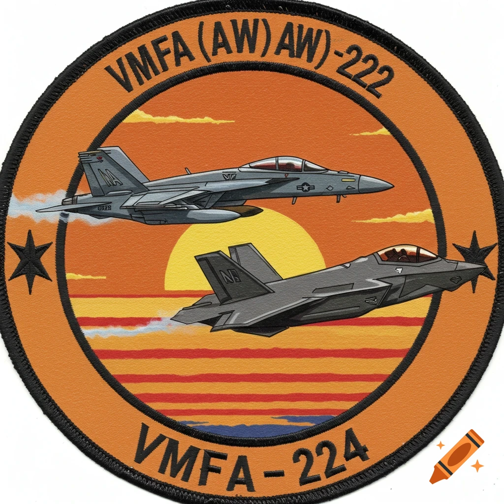 VMFA (AW) - 224 patch with F18 flying into sunset and F35 in combat ...