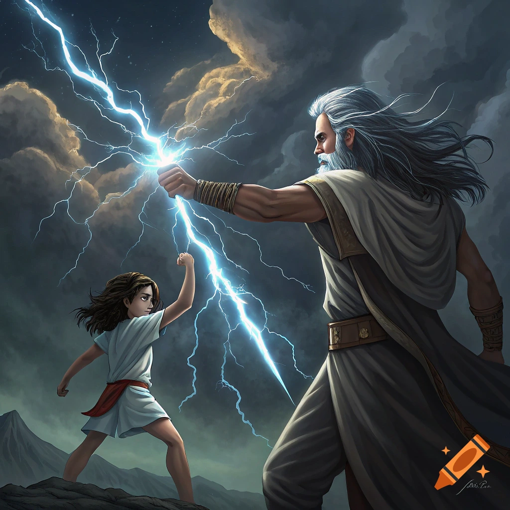 Anime-style teenage boy battling Zeus with lightning powers on Craiyon