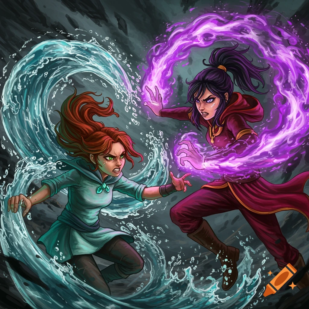 Two girls battle with water and purple energy magic in an illustration ...