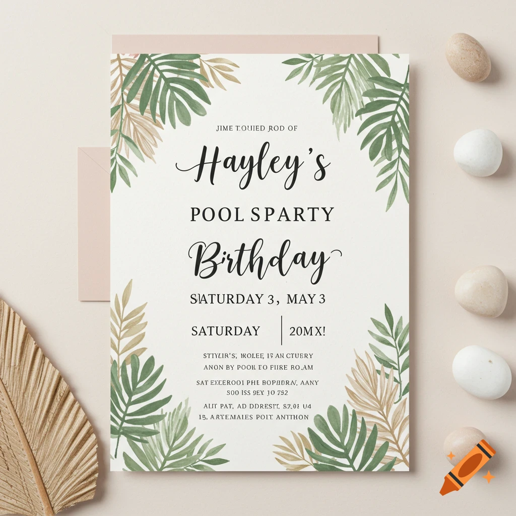 Pool party themed 18th birthday invitation with boho, sage, green, and ...