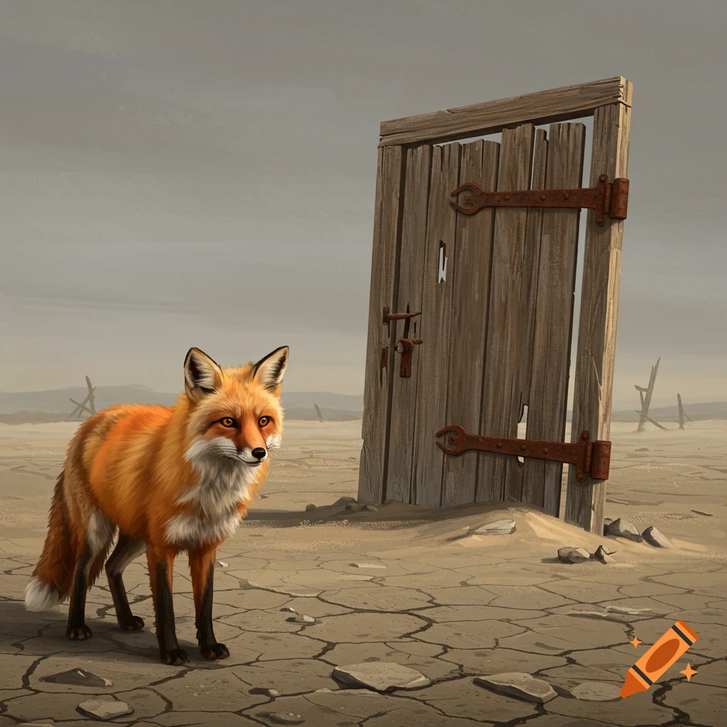 An illustration of a fox standing in a cracked wasteland next to a ...
