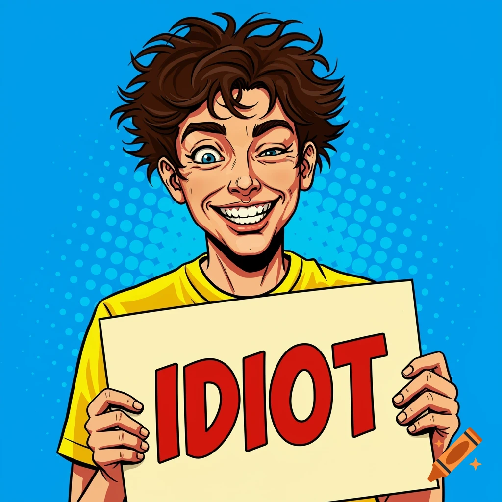 Pop art illustration of a young man with a big grin holding a sign that ...