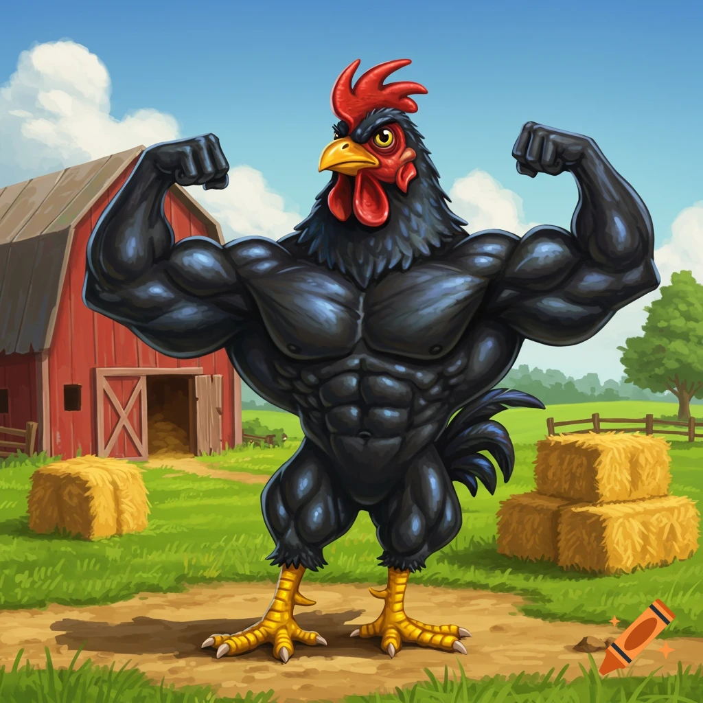 A muscular, black cartoon chicken flexes its biceps in front of a red ...