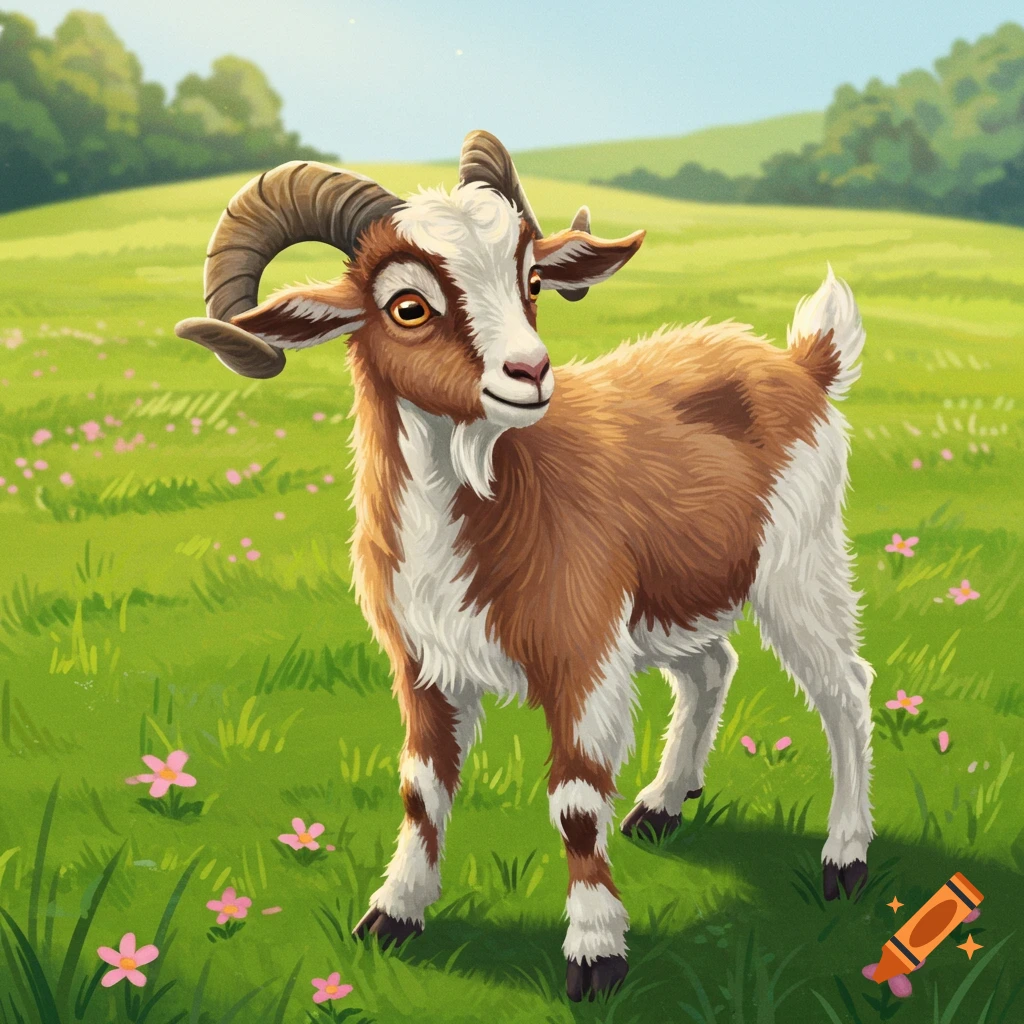 A white goat and red-winged blackbird in a spring field with Easter ...