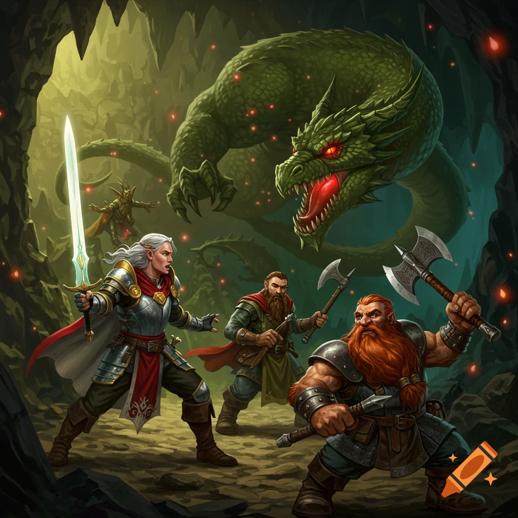Fantasy illustration of heroes facing a lich riding a giant lobster in ...