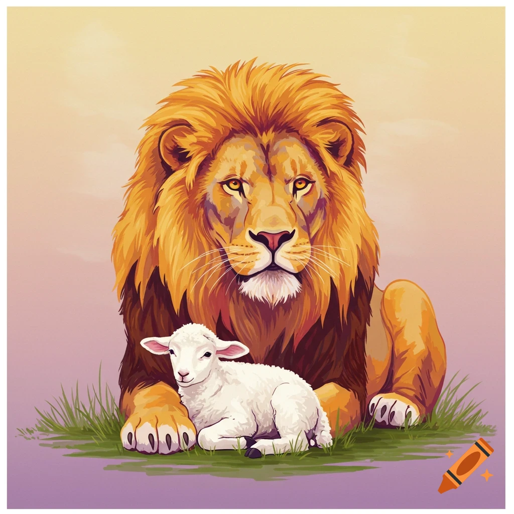 Illustration of a majestic lion sitting protectively beside a gentle ...