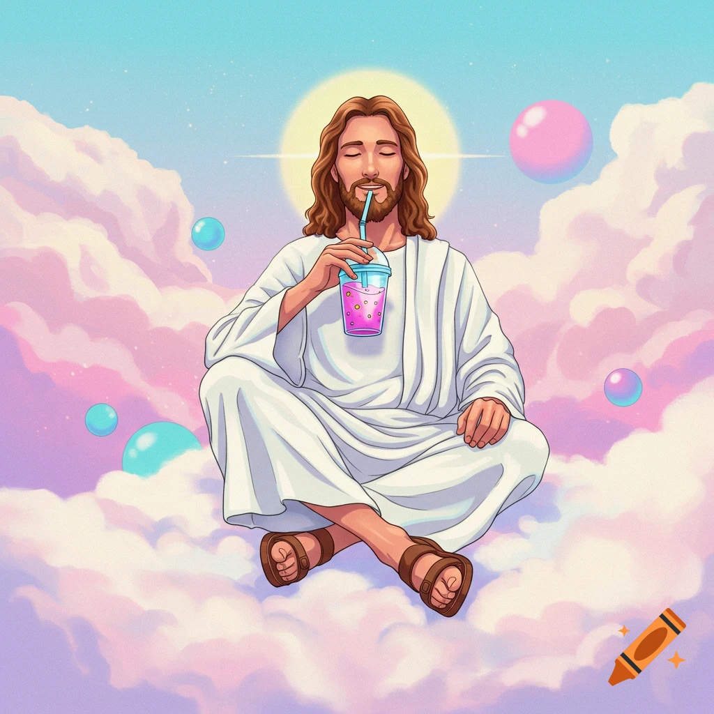 Cartoon illustration of Jesus sitting on clouds and drinking from a cup ...