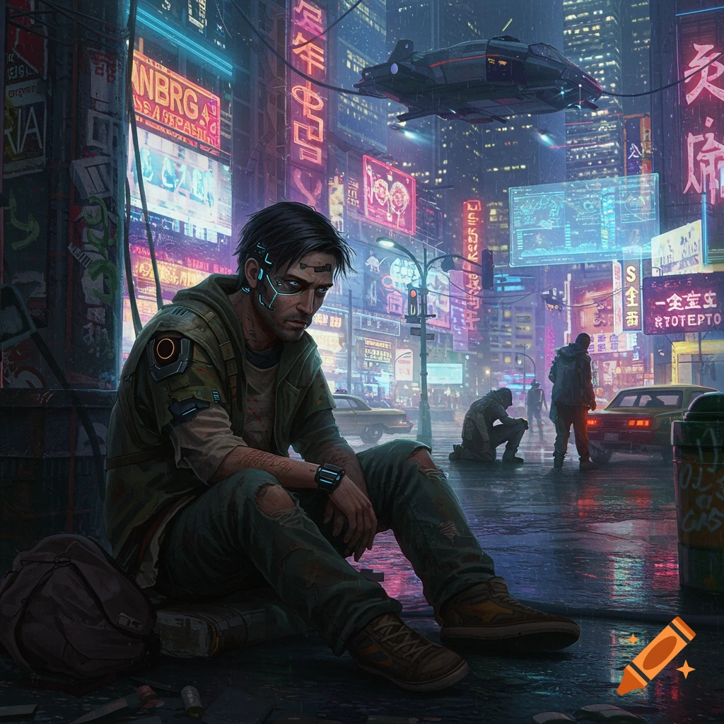 Agent disguised as a homeless person in cyberpunk theme on Craiyon