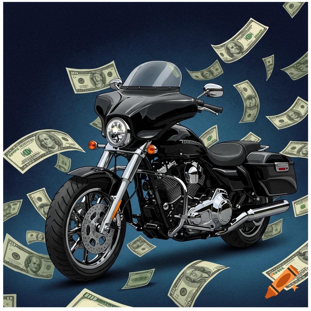 A black touring motorcycle is surrounded by falling dollar bills ...