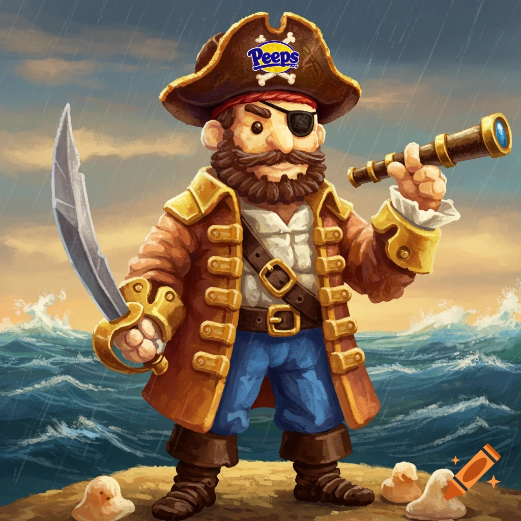 A stylized image of Chester Cheeto as a pirate standing on a cheese ...