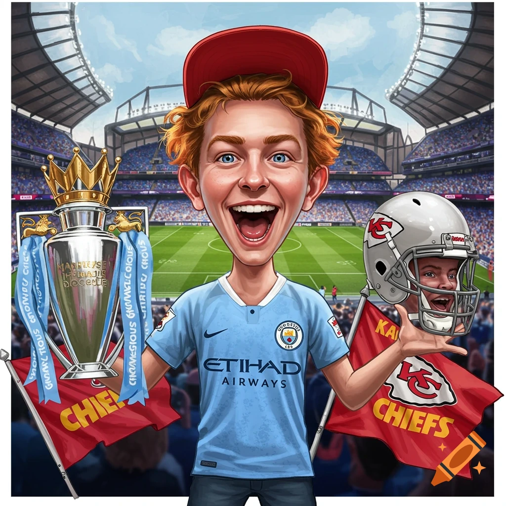 Cartoon illustration of a young sports fan in a Man City shirt holding ...