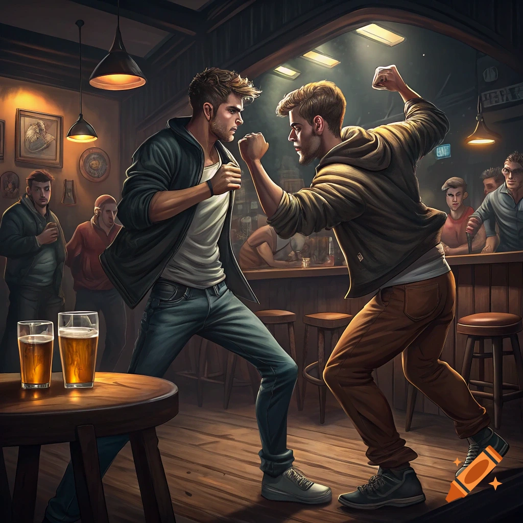 Two men square off to fight in a bar with onlookers and drinks on a ...