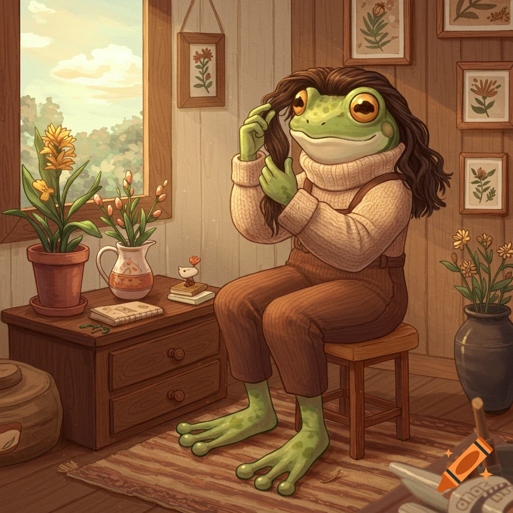 Girl frog in an indie, earthy outfit on Craiyon