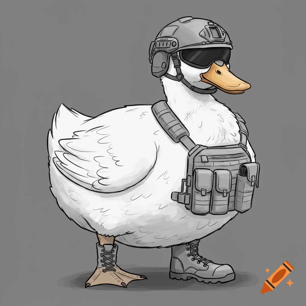 Black and white outline of a fat duck wearing tactical gear on Craiyon