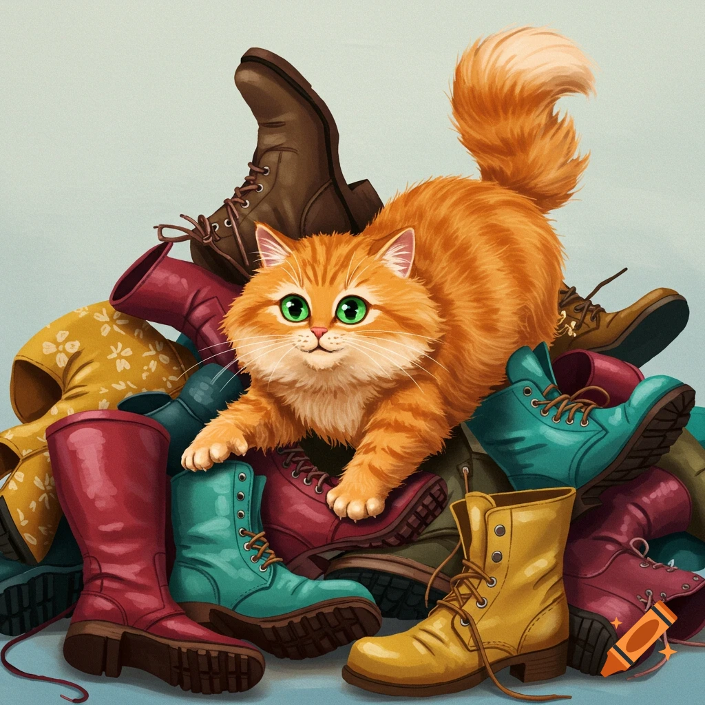 An orange cat playing in a pile of colorful boots, illustration style ...