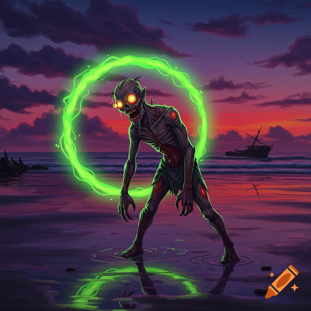 Cartoonish zombie with glowing eyes and green aura on a beach at sunset ...