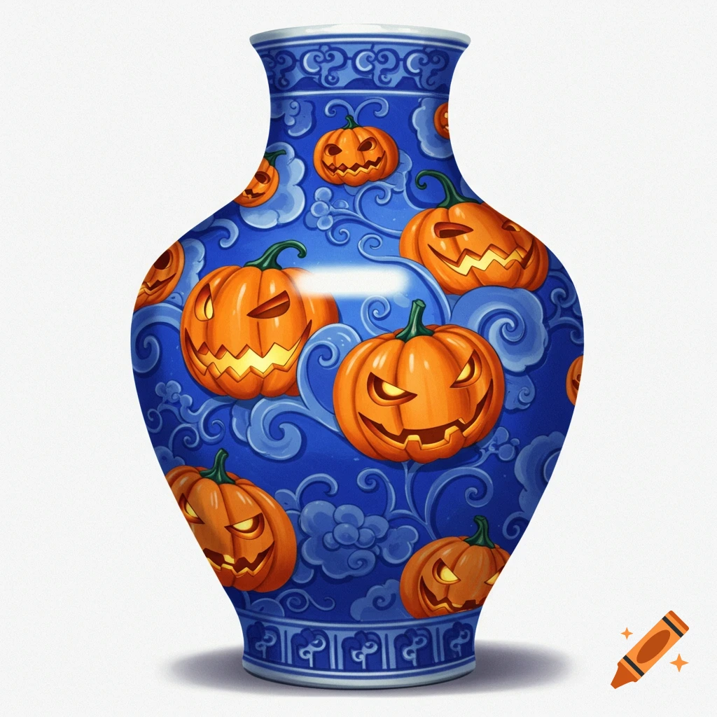 A blue and white porcelain vase decorated with smiling orange jack-o ...