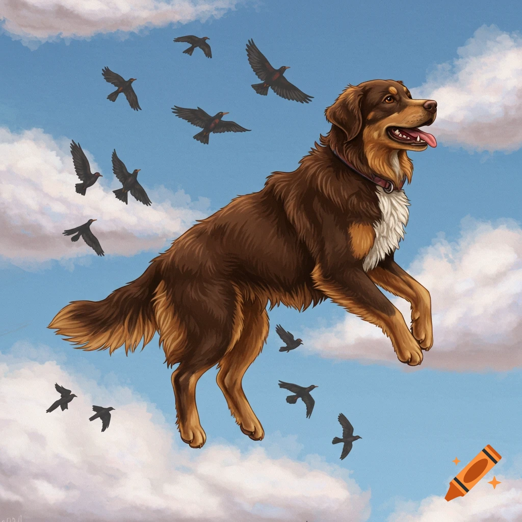 Brown long-haired dog carried by birds in the sky on Craiyon