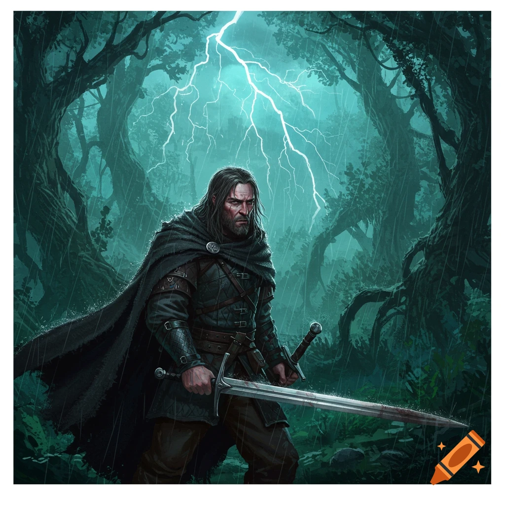 A warrior stands in a dark forest in the rain with lightning overhead ...