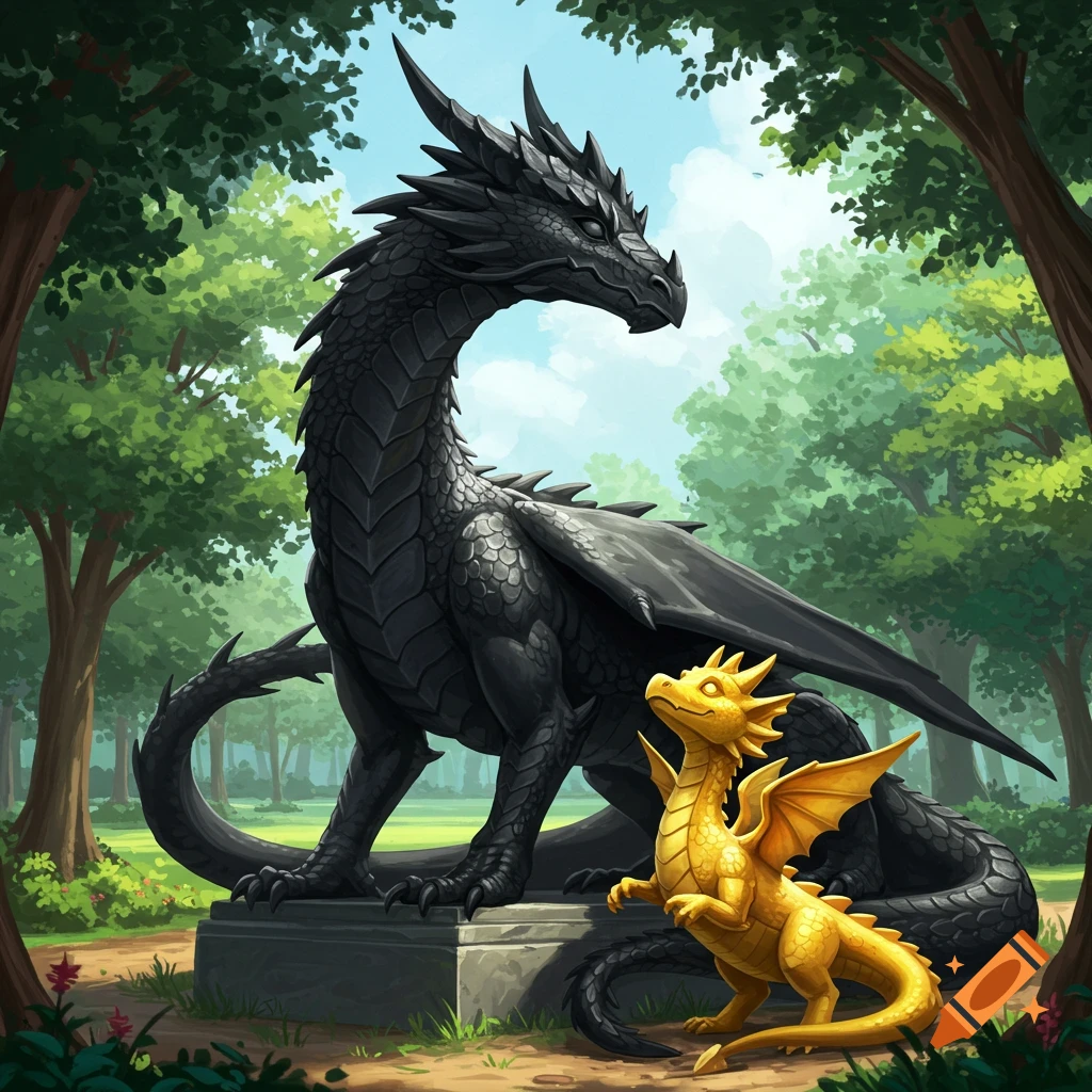 Black dragon with a yellow dragon statue in a park on Craiyon