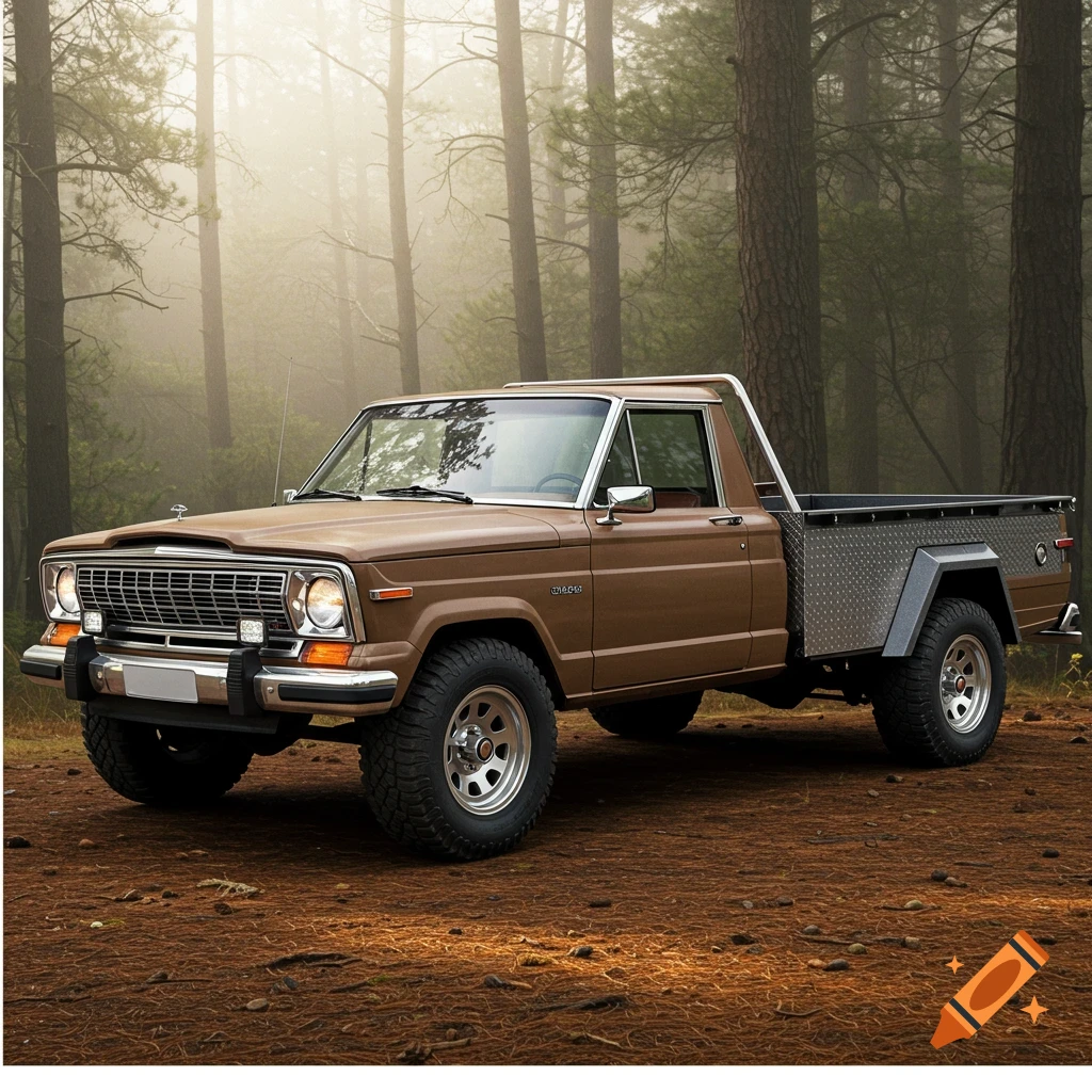 A brown Jeep Wagoneer ute parked in a foggy forest. on Craiyon