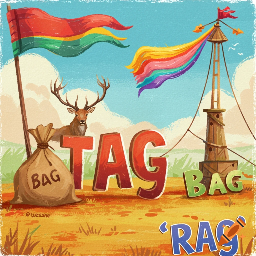 Stylized illustration of a deer, flags, and structures with the words ...