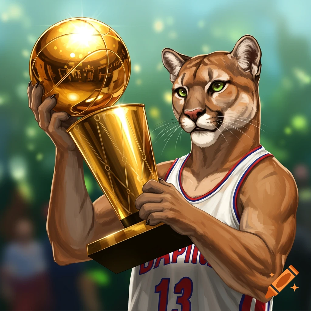 An anthropomorphic cougar in a basketball jersey holds a golden ...