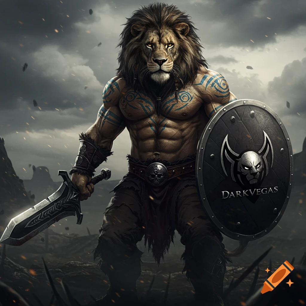 Black woman warrior with helmet and lion companion on Craiyon