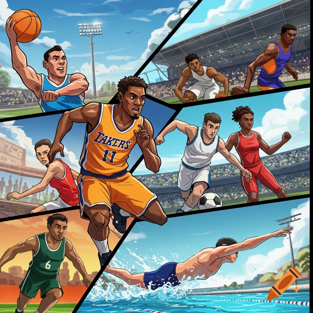 Stylized illustration collage of athletes playing basketball, soccer ...