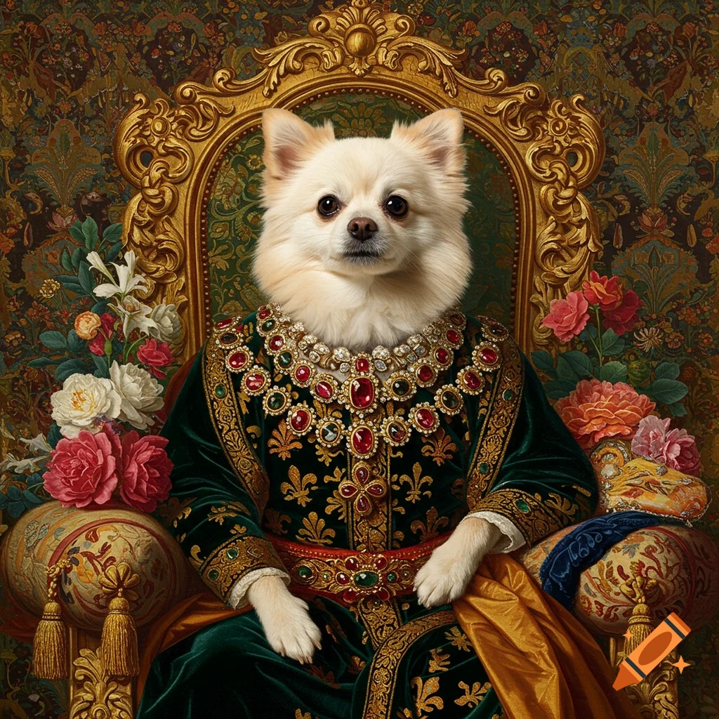 A cream Pomeranian dog dressed in elaborate historical royal clothing ...