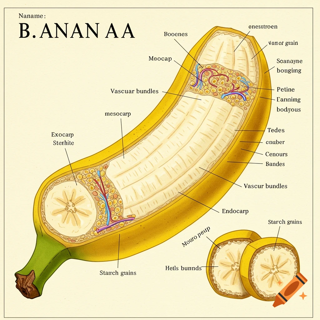 Anatomical poster of a banana with labeled parts on Craiyon
