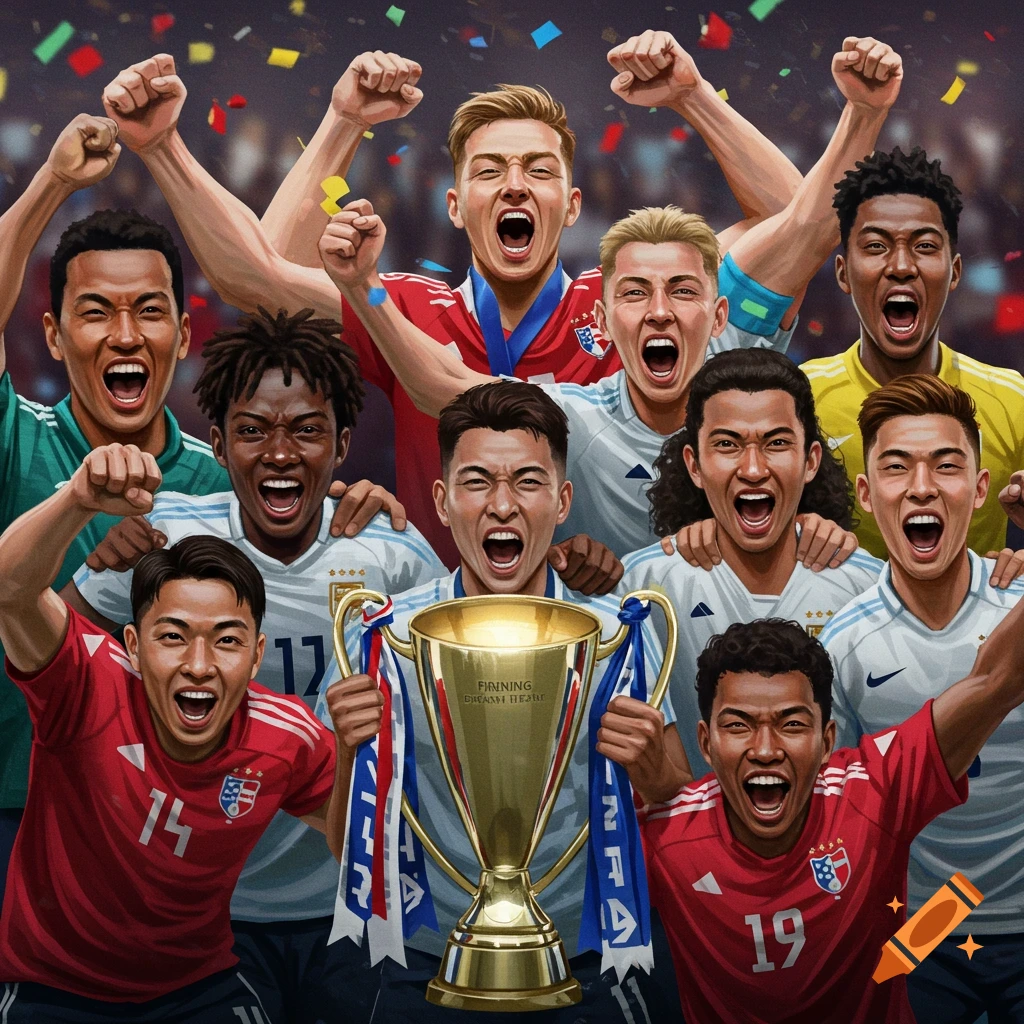 Diverse soccer team celebrates winning championship with trophy and ...