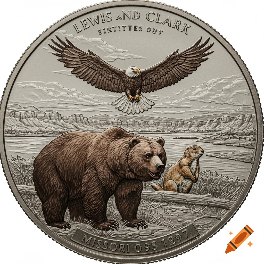 Coin depicting the Lewis and Clark Expedition with a grizzly bear ...