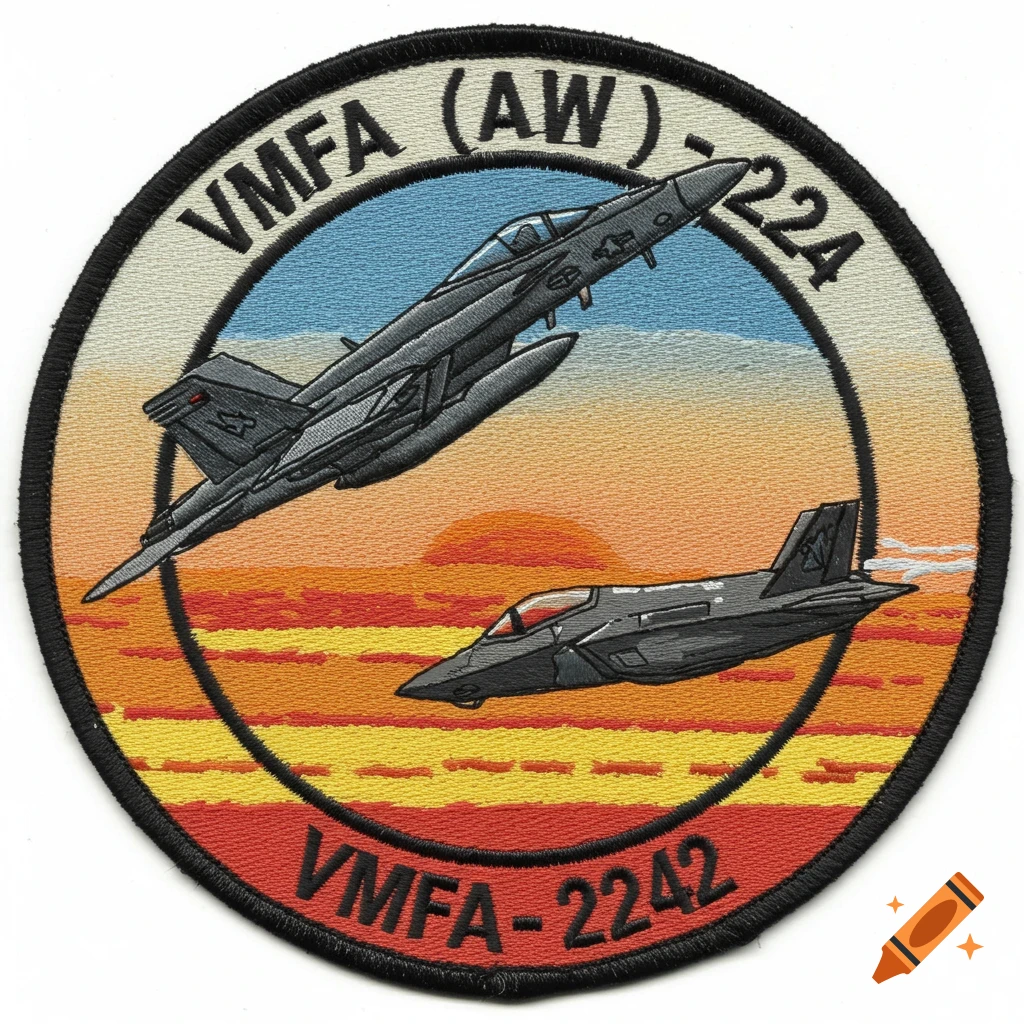 USMC patch with bengal tiger theme, F18 and F35 aircraft, "VMFA (AW ...