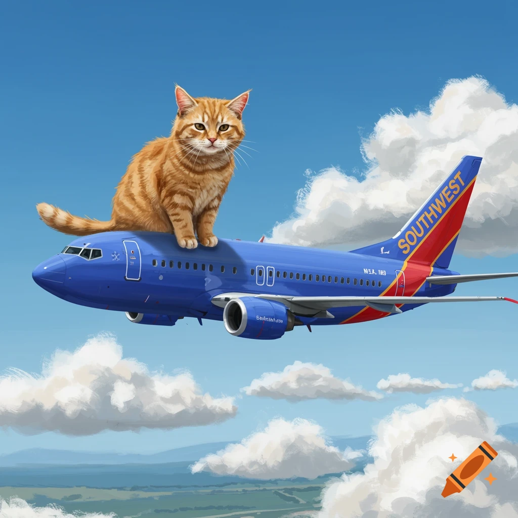 A gray cat stands in the cockpit of an airplane with its arms raised ...