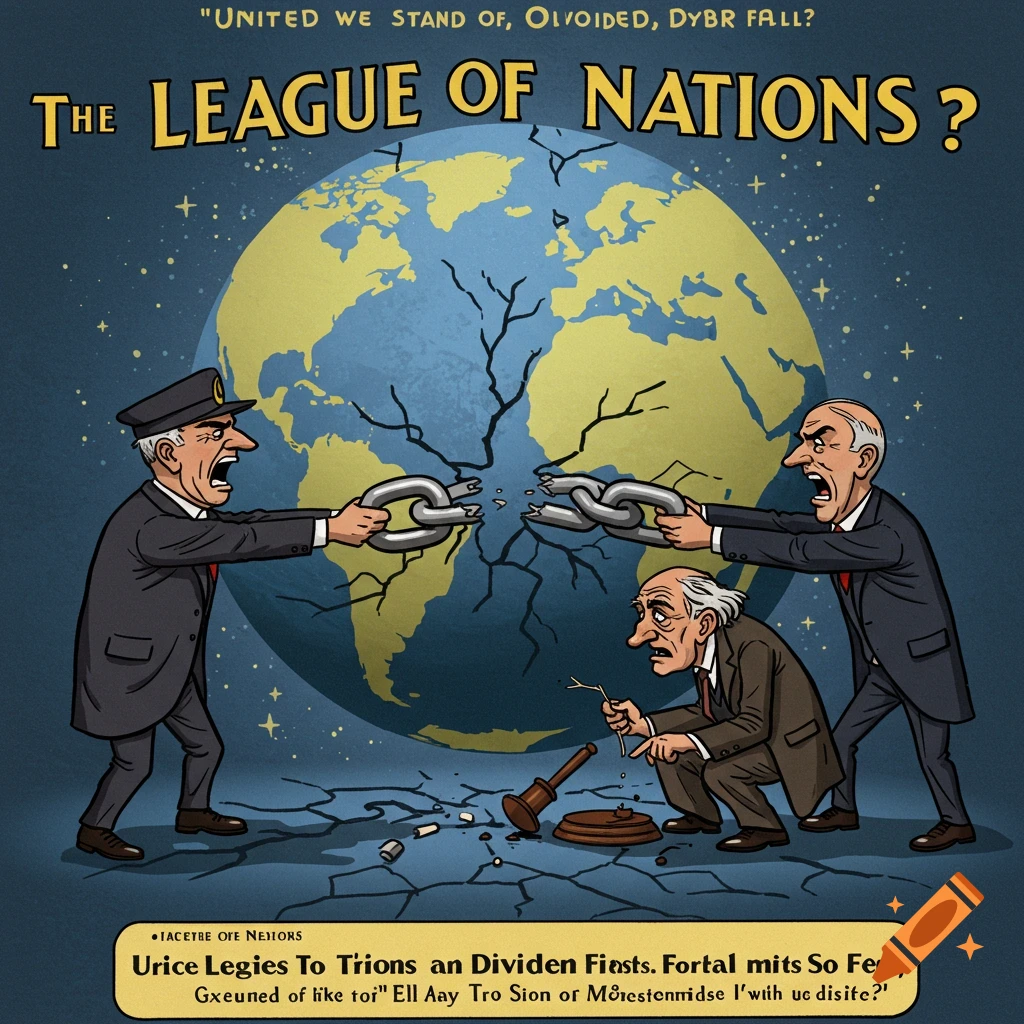 Political cartoon depicting the failure of the League of Nations with ...