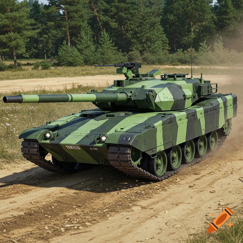 Photorealistic image of a tank with green stripe camouflage driving on ...